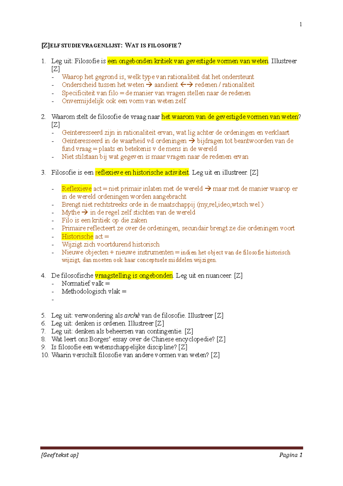 FW17zelfstudievragenlijst-Wat Is Filosofie - 1 [Z]ELFSTUDIEVRAGENLIJST ...