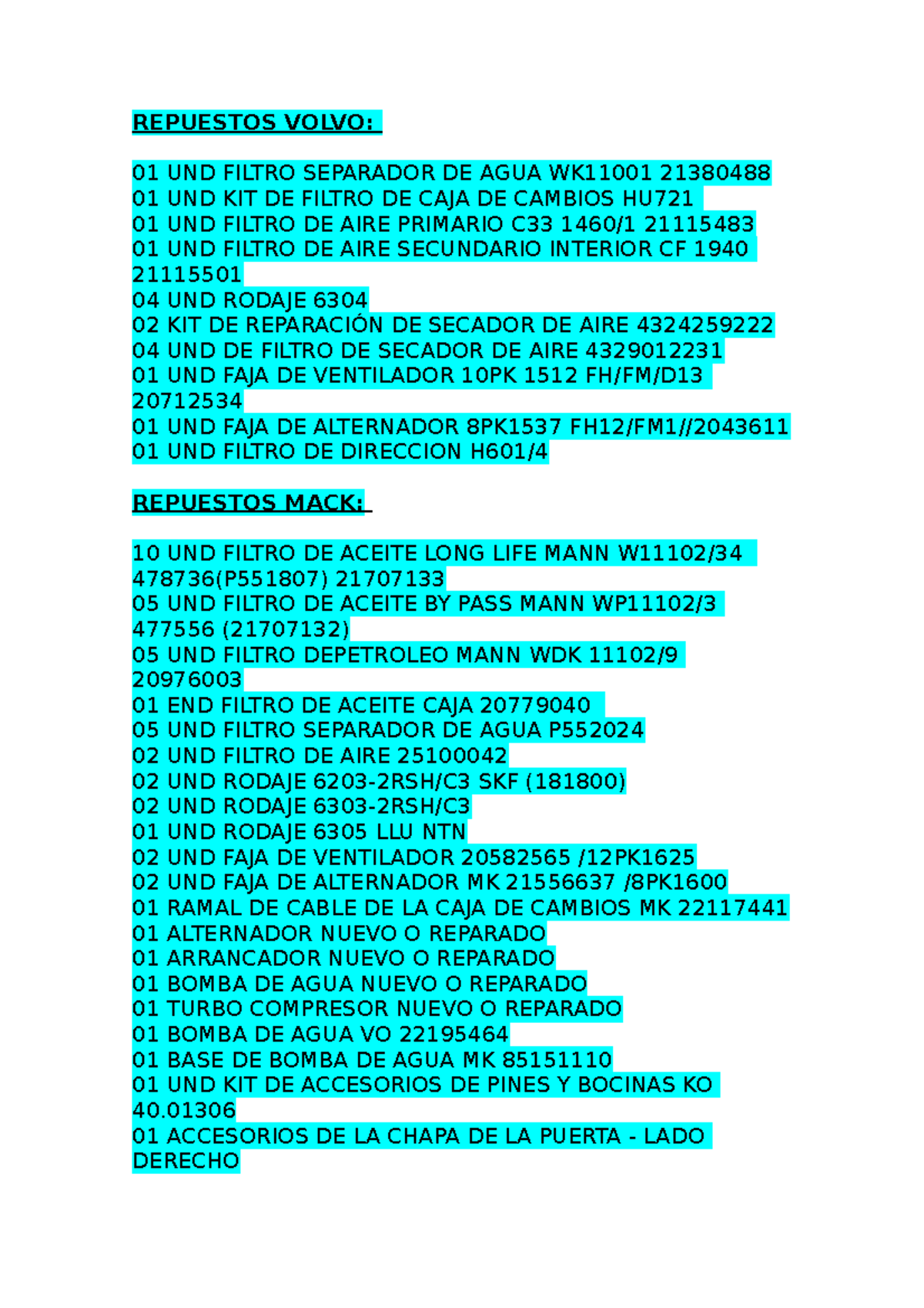 1.3. Proyeccion DEL MES - REPUESTOS VOLVO: 01 UND FILTRO SEPARADOR DE ...