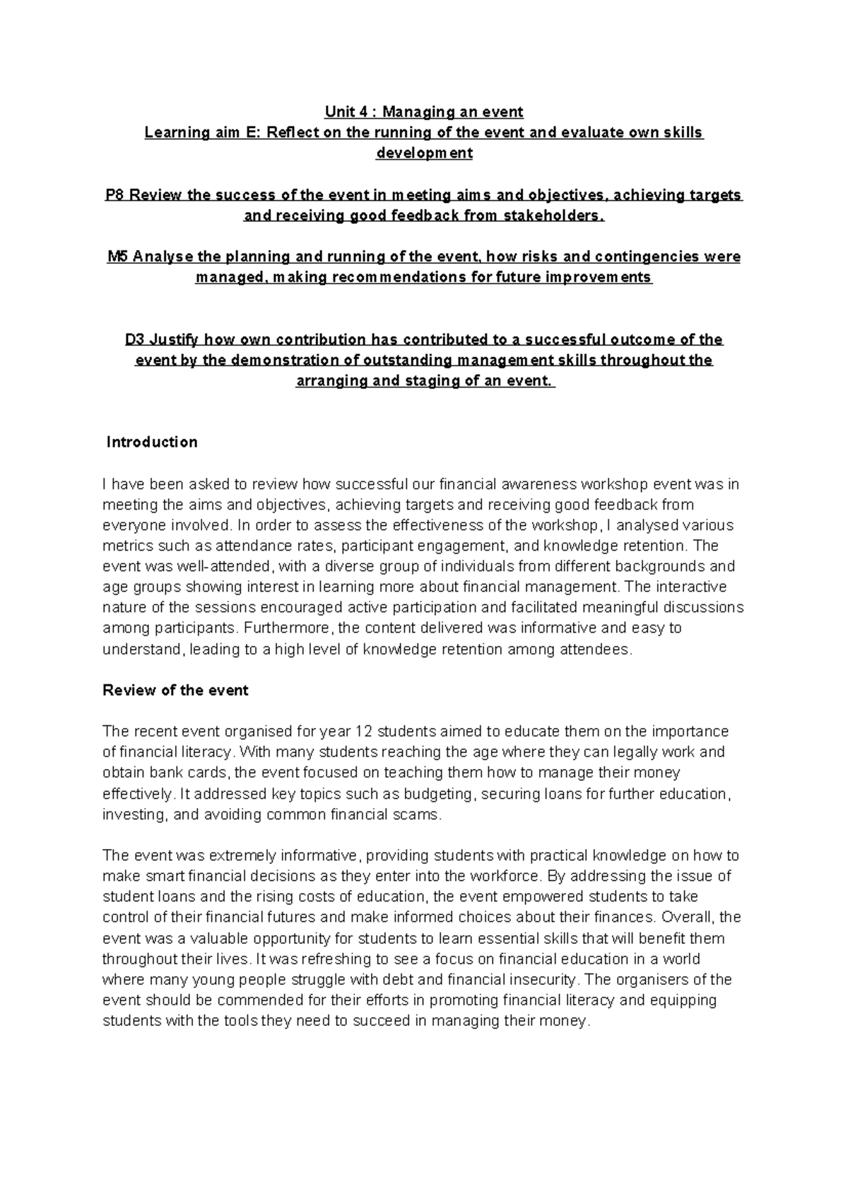 Unit 4 LA E - Unit 4 : Managing an event Learning aim E: Reflect on the ...