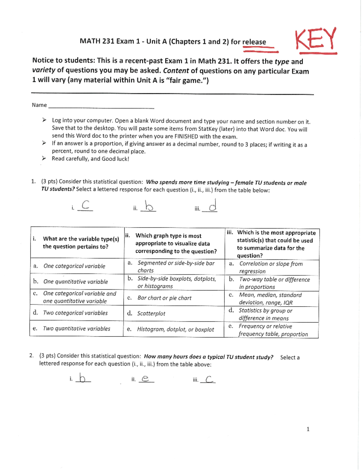 Exam 1 for Release - KEY - practice exam answer key - MATH 231 Exam 1 Unit A (Chapters 1 and 2 ...