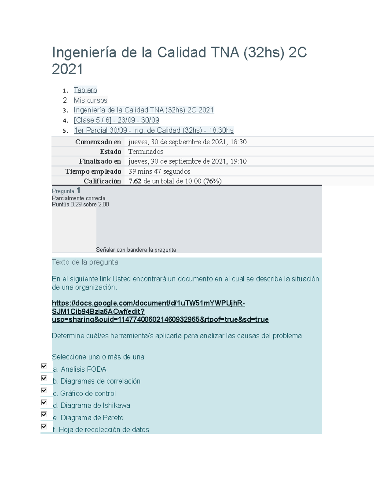 Ingeniería de la Calidad Tnaparcial 1 - Ingeniería de la Calidad TNA ...