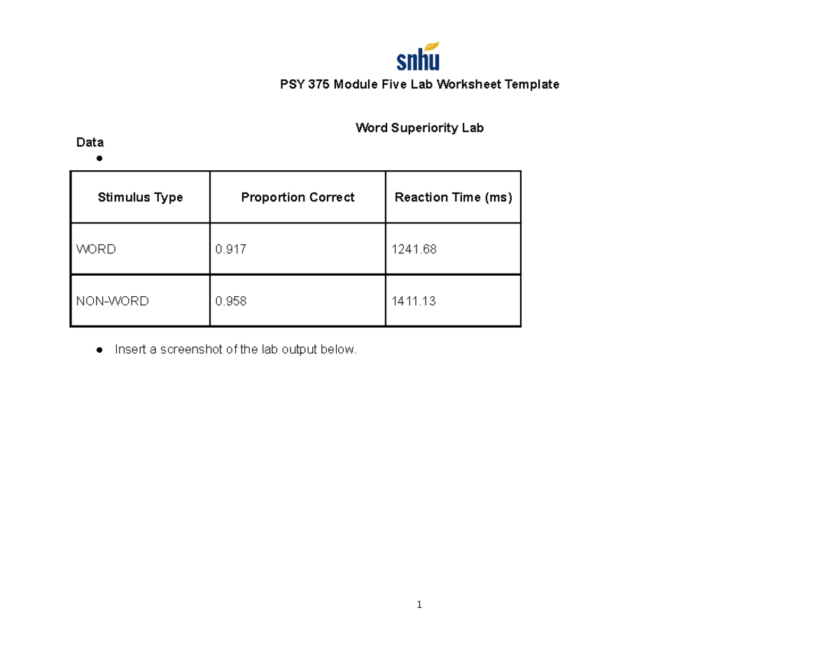PSY 375 Module Five Lab Worksheet Complete - PSY 375 Module Five Lab ...