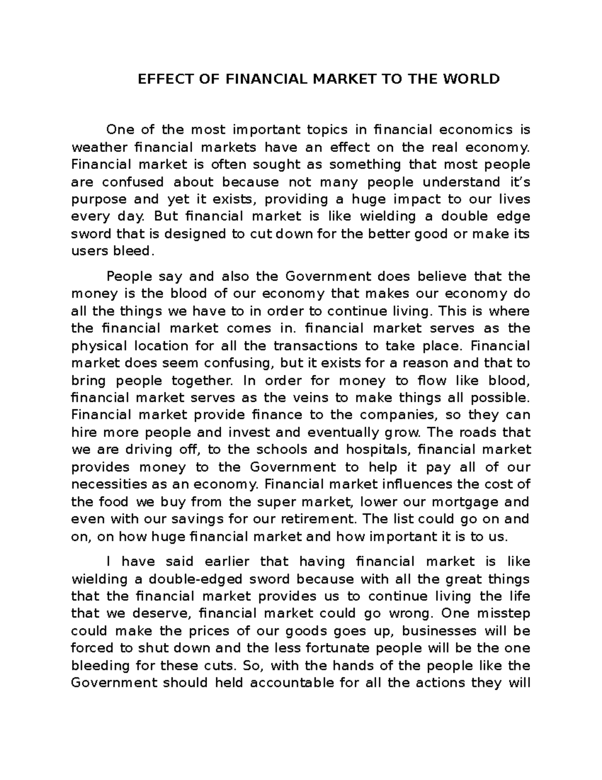 Effect OF Financial Market TO THE World - EFFECT OF FINANCIAL MARKET TO ...