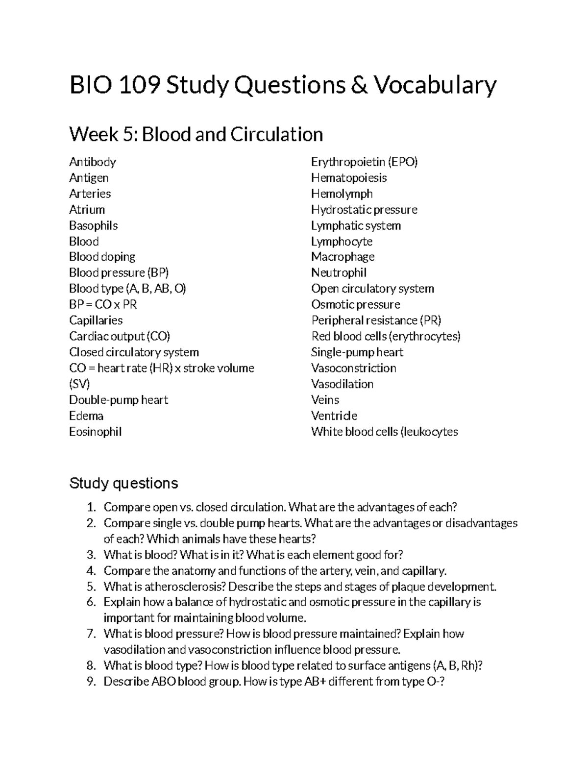 Bio 109 study guide for exam 2 - BIO 109 Study Questions & Vocabulary ...
