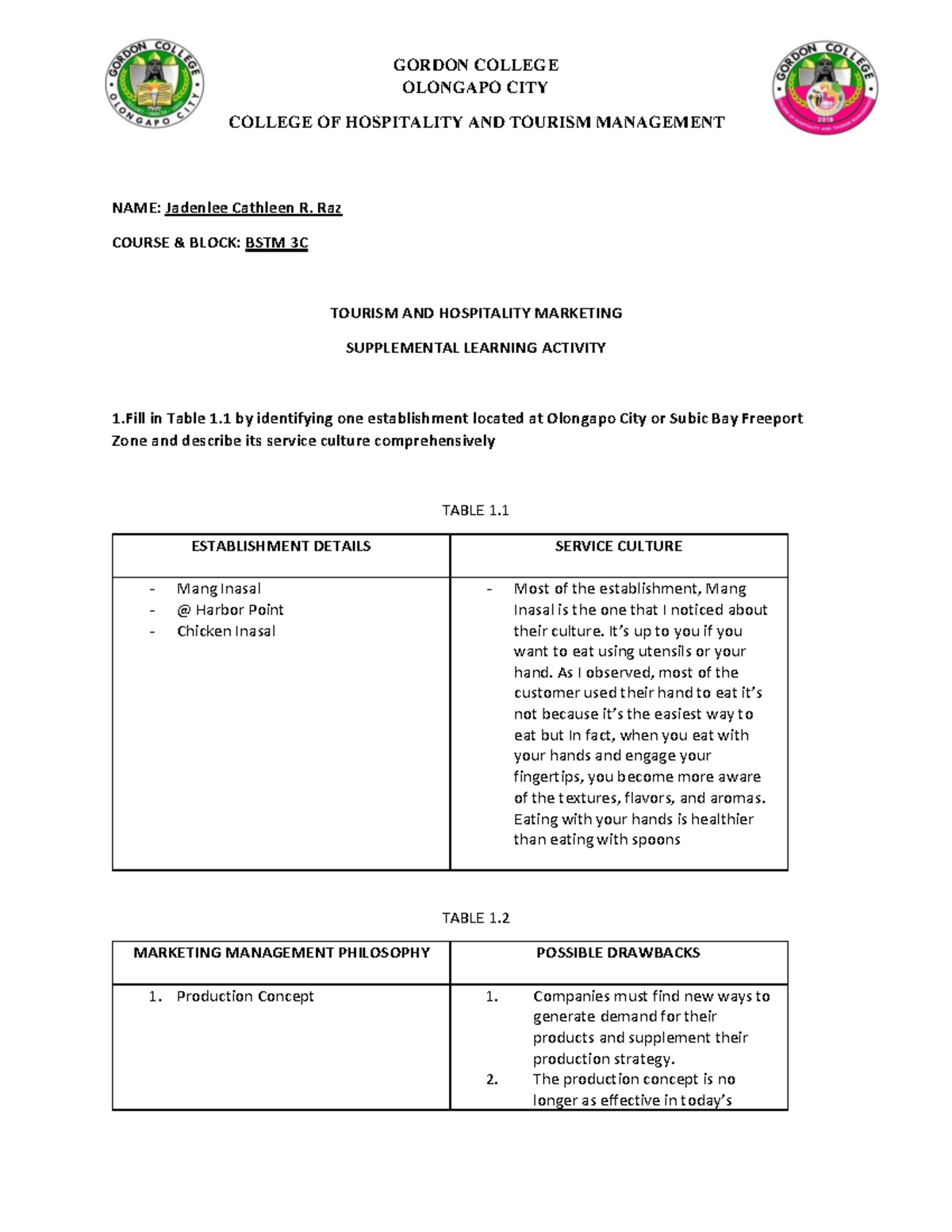 RAZ - Supplementary Learning Activity - OLONGAPO CITY COLLEGE OF ...