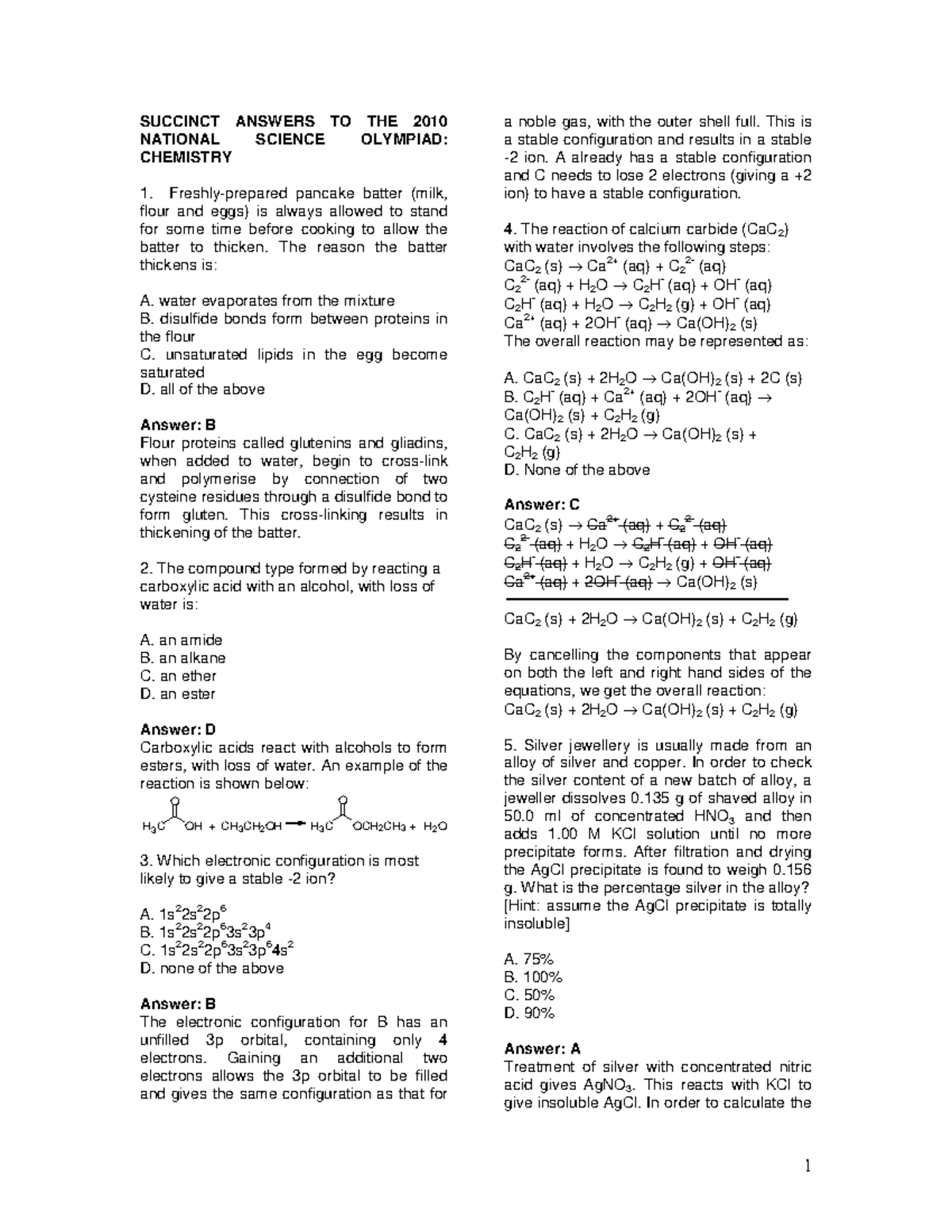2010-chemistry-booklet - SUCCINCT ANSWERS TO THE 2010 NATIONAL SCIENCE OLYMPIAD: CHEMISTRY - Studocu