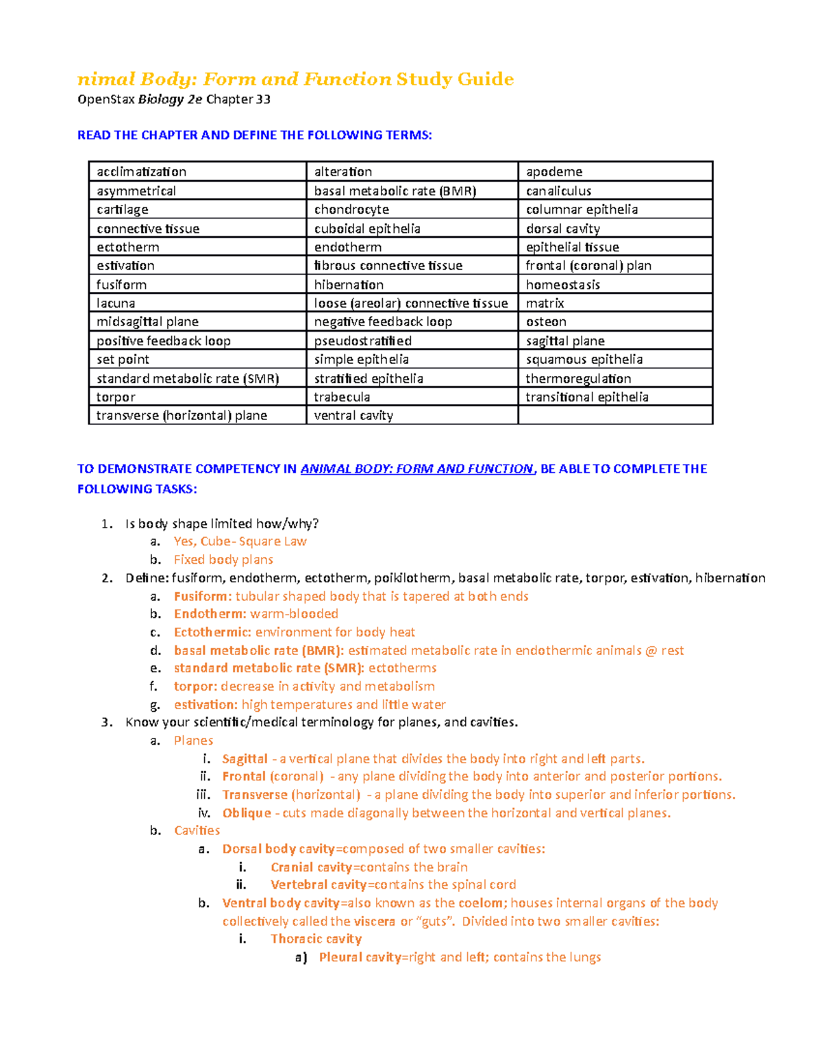 Ch 33 Animal Body- Form and Function Study Guide - nimal Body: Form and ...