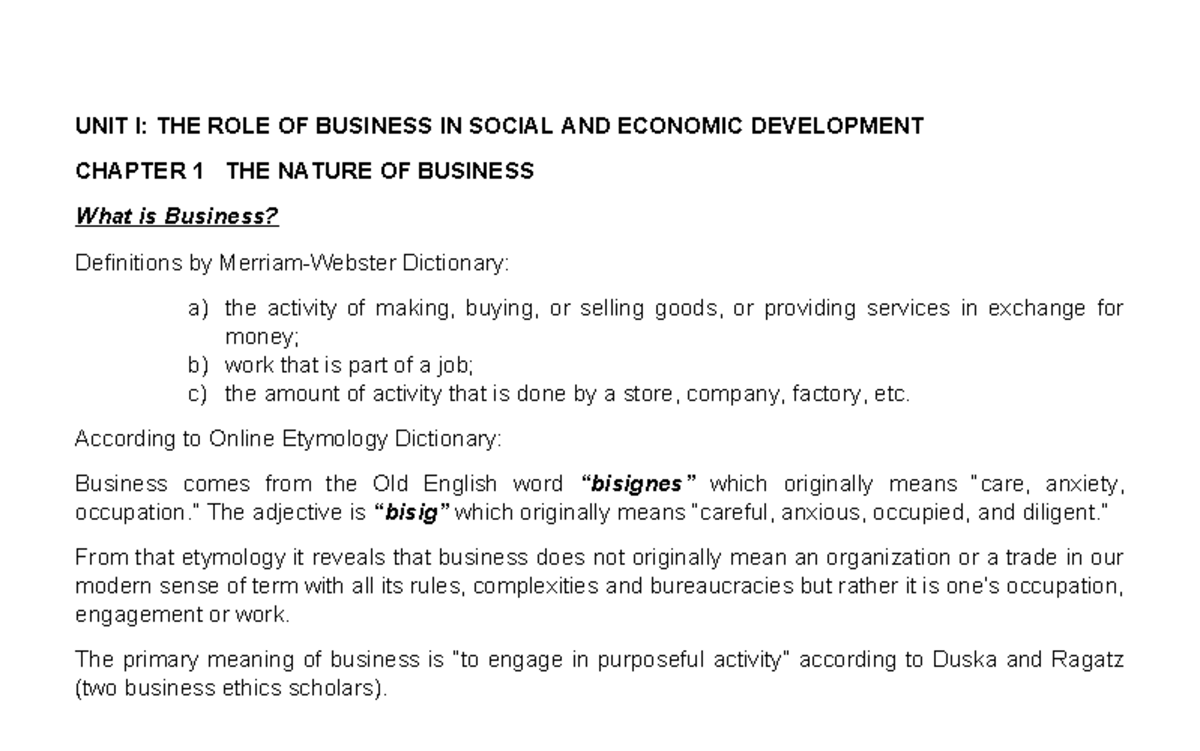 UNIT I Business Ethics and Social Responsibility - UNIT I: THE ROLE OF ...