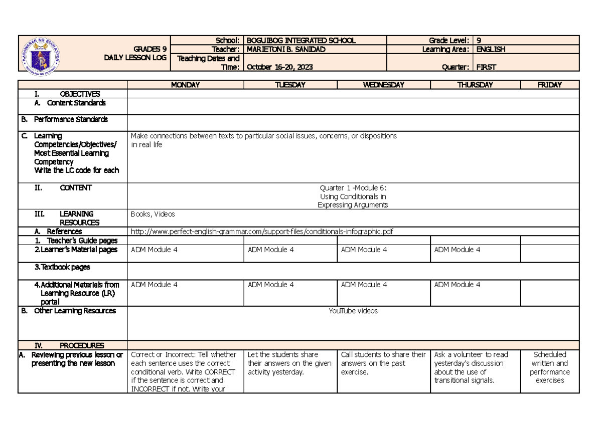 Q1 English 9 October 16-20, 2023 - GRADES 9 DAILY LESSON LOG School ...