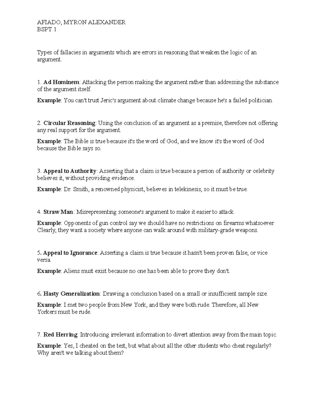 uwehulw;qeqeddq - AFIADO, MYRON ALEXANDER BSPT 1 Types of fallacies in ...