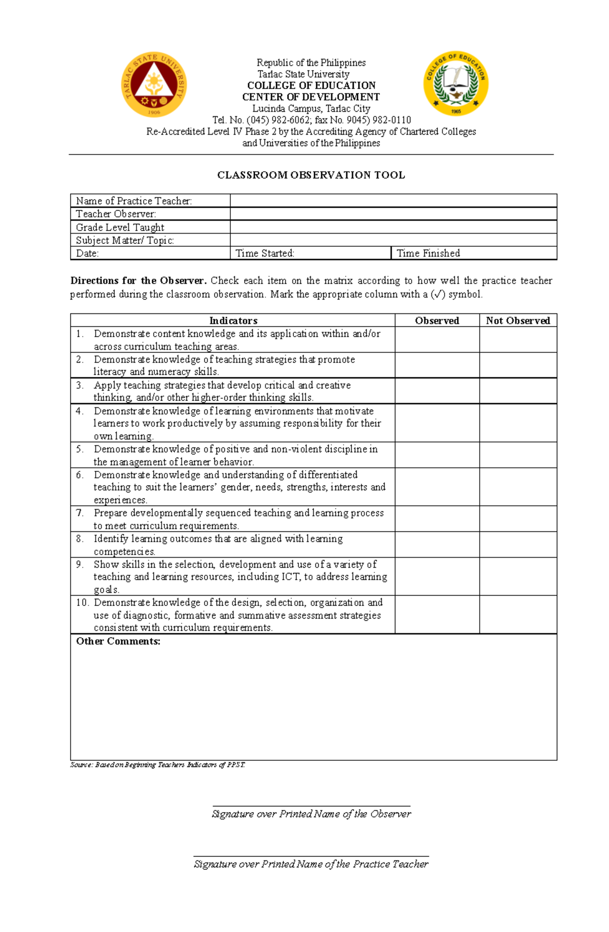 Classroom-Obervation-Tool - Republic of the Philippines Tarlac State ...