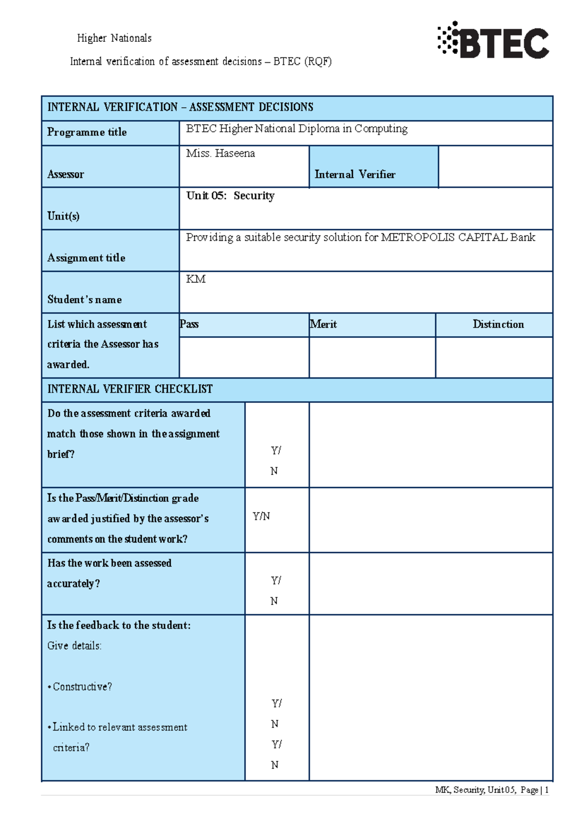 Security 1 - Hnd in Computing BTEC HND - Higher Nationals Internal verification of assessment ...