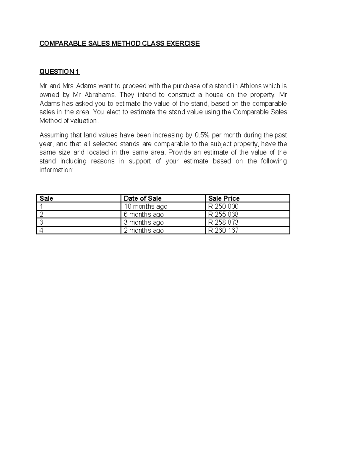 Comparable Sales Method Class Exercise - COMPARABLE SALES METHOD CLASS ...