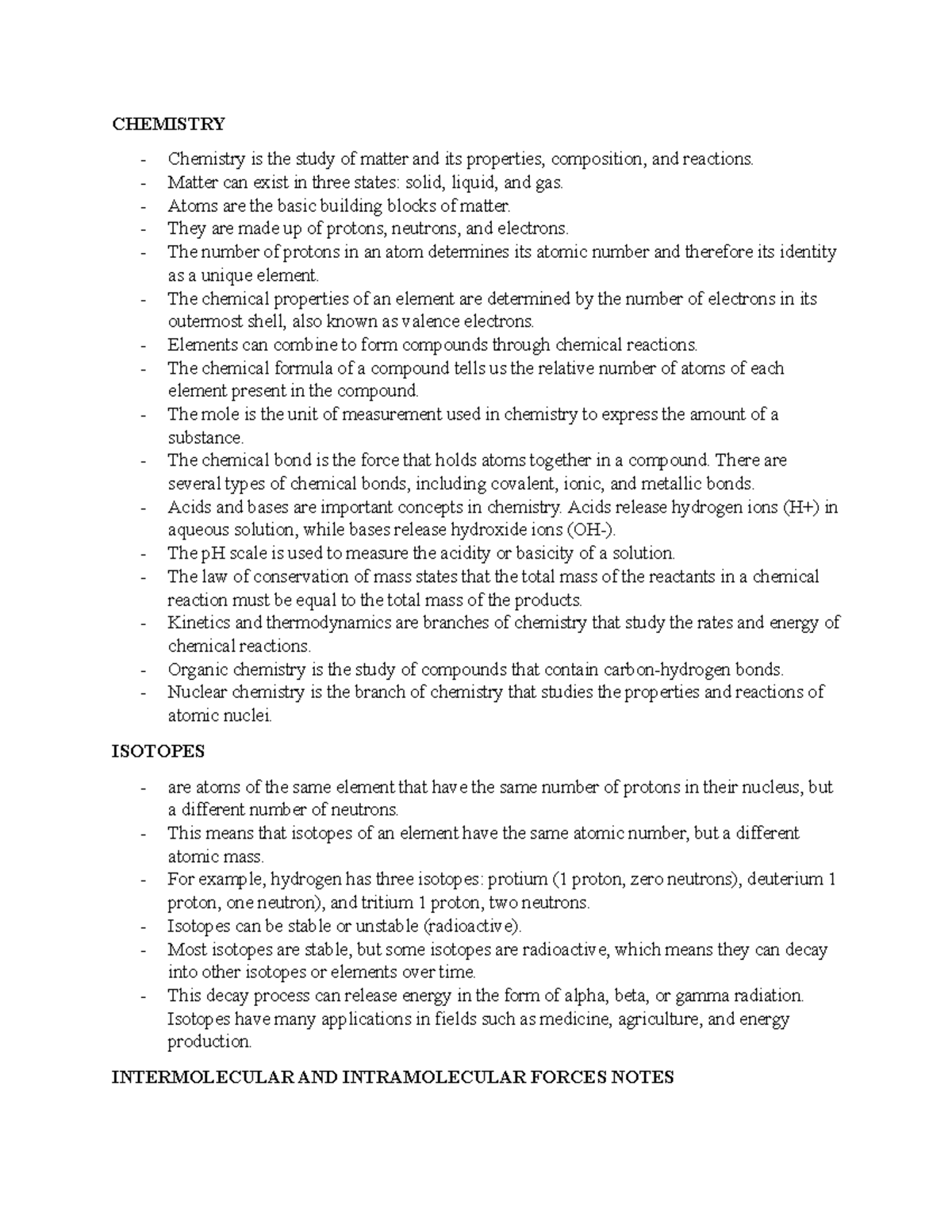 Chemistry Notes 1 - CHEMISTRY Chemistry is the study of matter and its ...