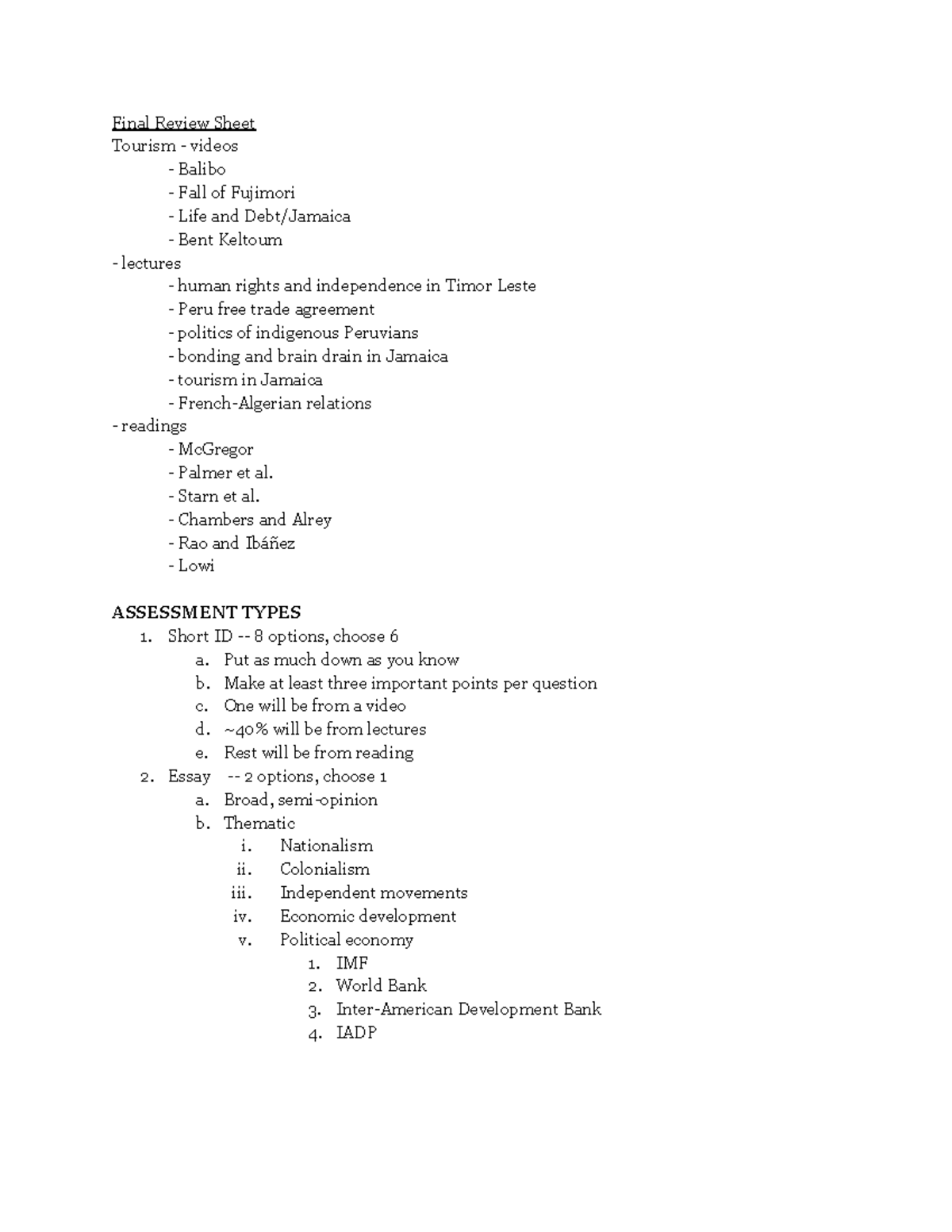 POSC 458 Final Study Guide (Group) - Final Review Sheet Tourism ...
