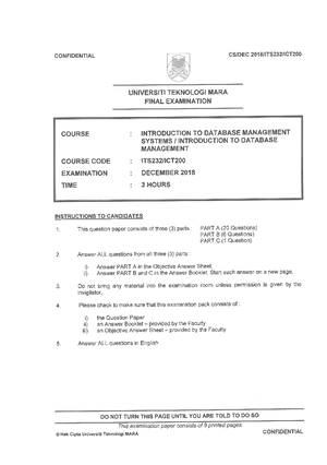 Answer tutorial 3 - December 2019 Part B Question 3 a i) Table Name Primary Key Foreign Key TOY ...