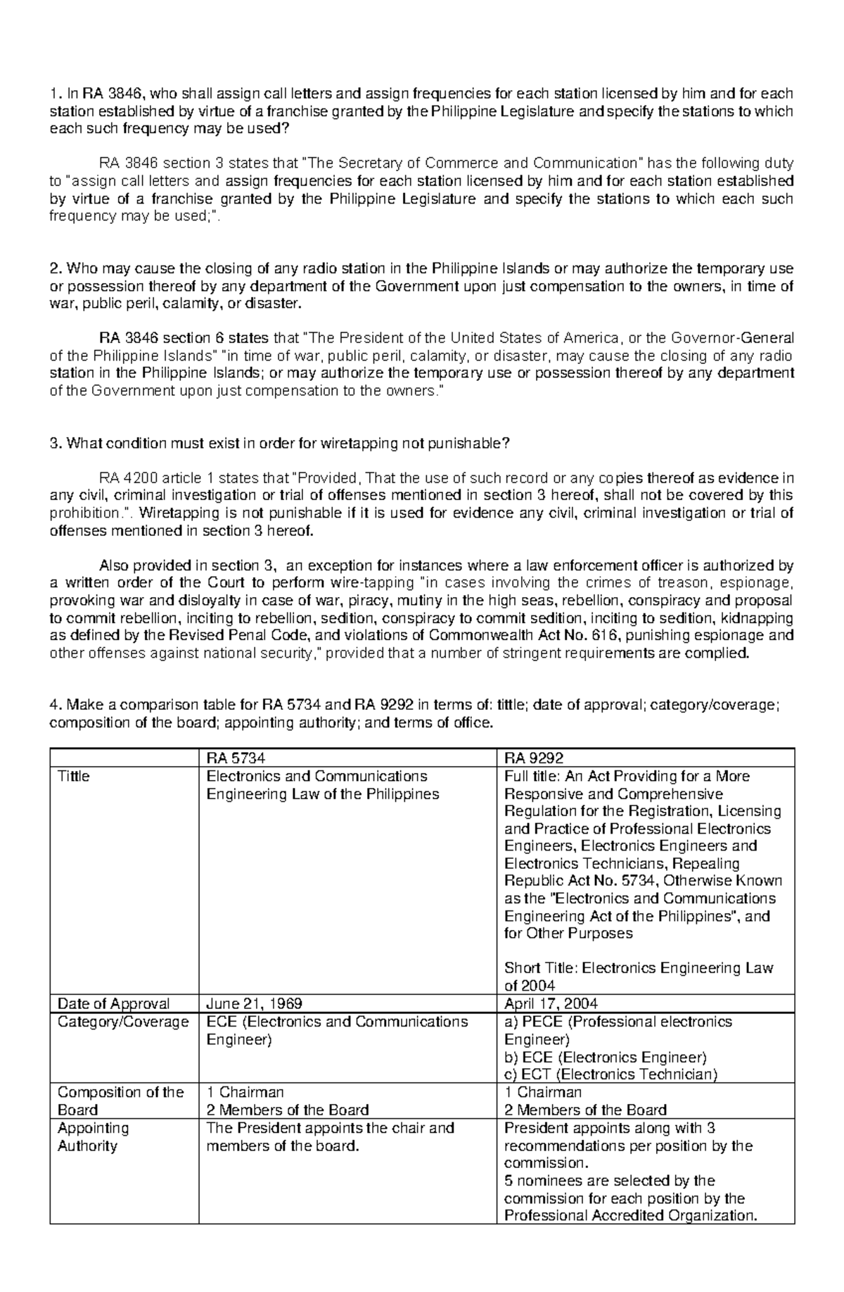ECE Laws Activity 4 - In RA 3846, who shall assign call letters and ...