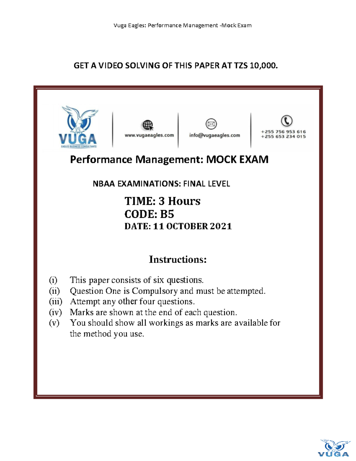 Mock Exam-B5(Vuga Eagles) - Vuga Eagles: Performance Management - Mock ...