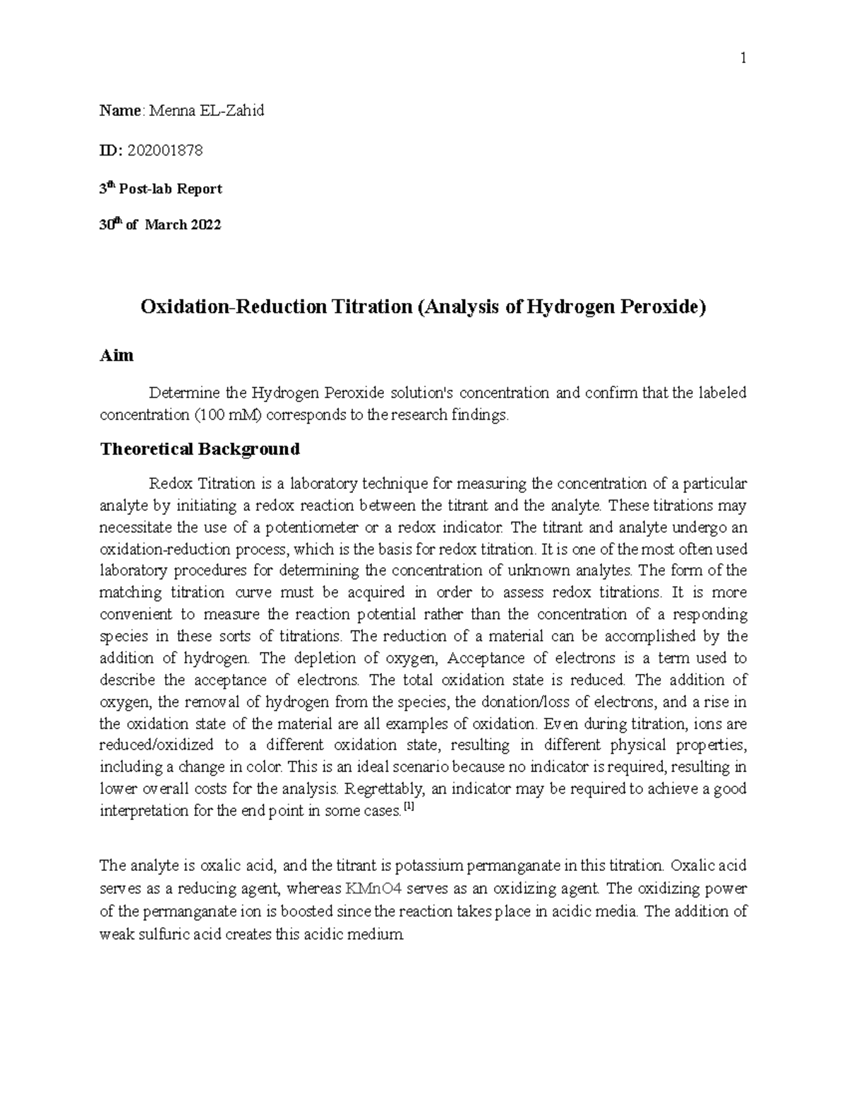 Oxidation-Reduction Titration (Analysis of Hydrogen Peroxide) - Name ...