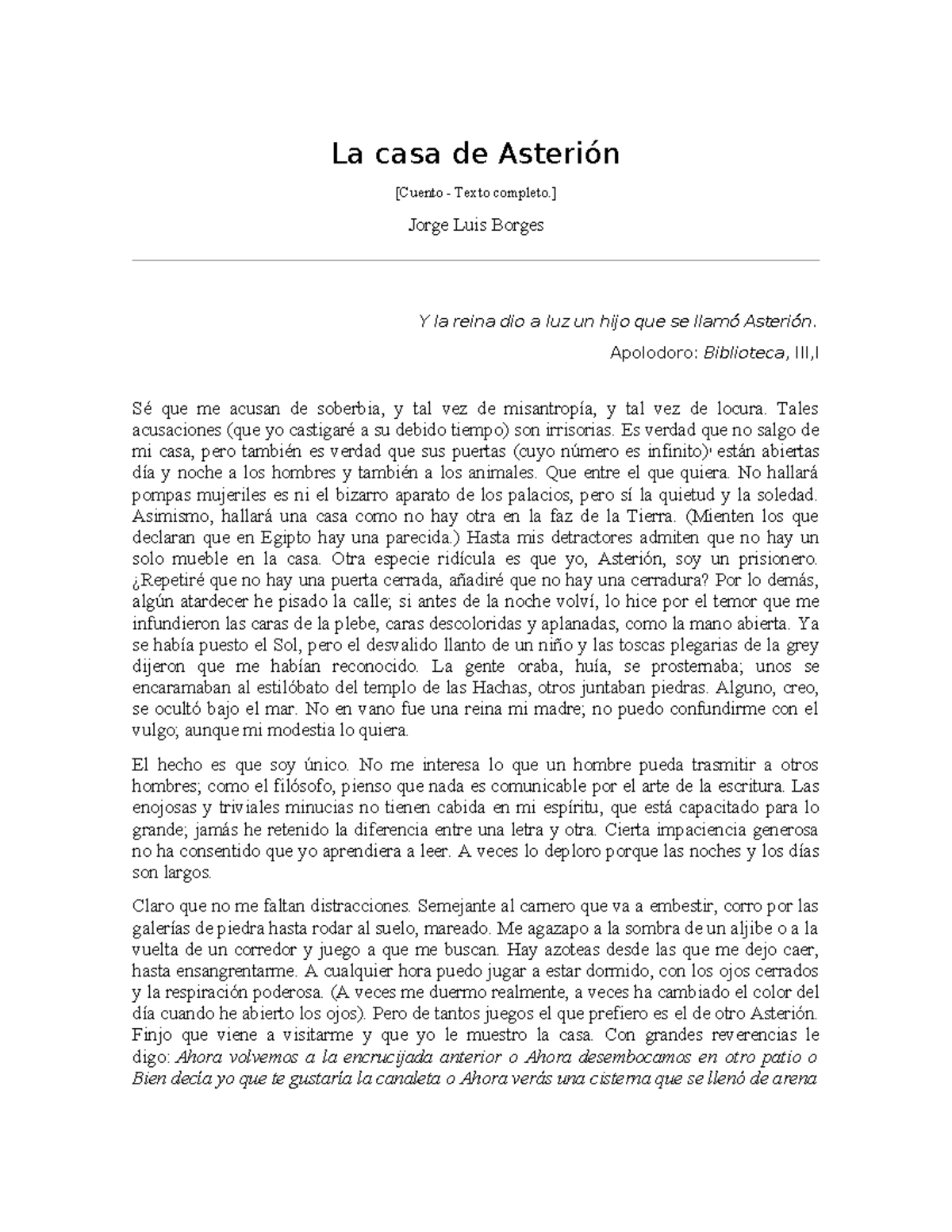Borges La casa de Asterión - La casa de Asterión [Cuento - Texto ...