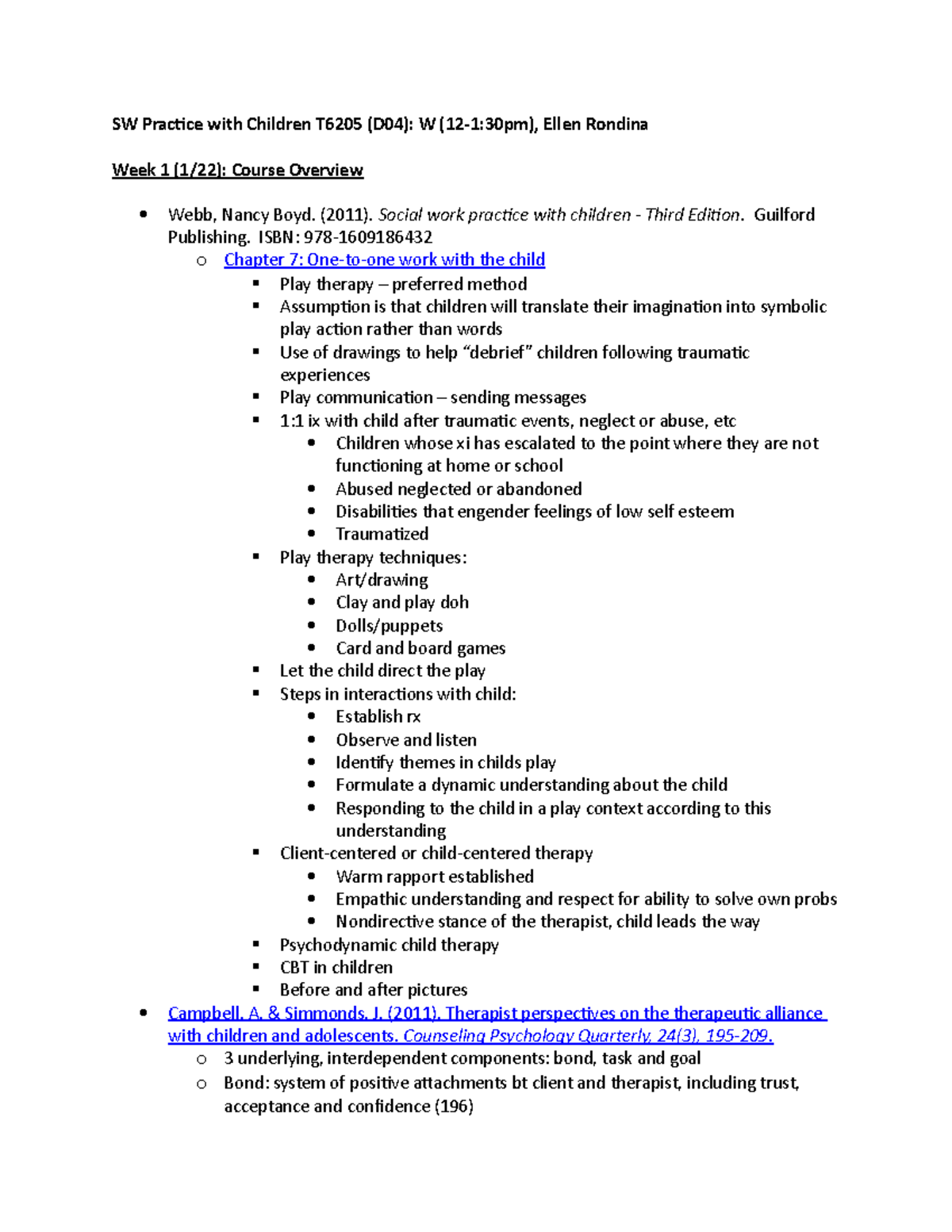 SW with Children - SW Practice with Children T6205 (D04): W (12-1:30pm ...