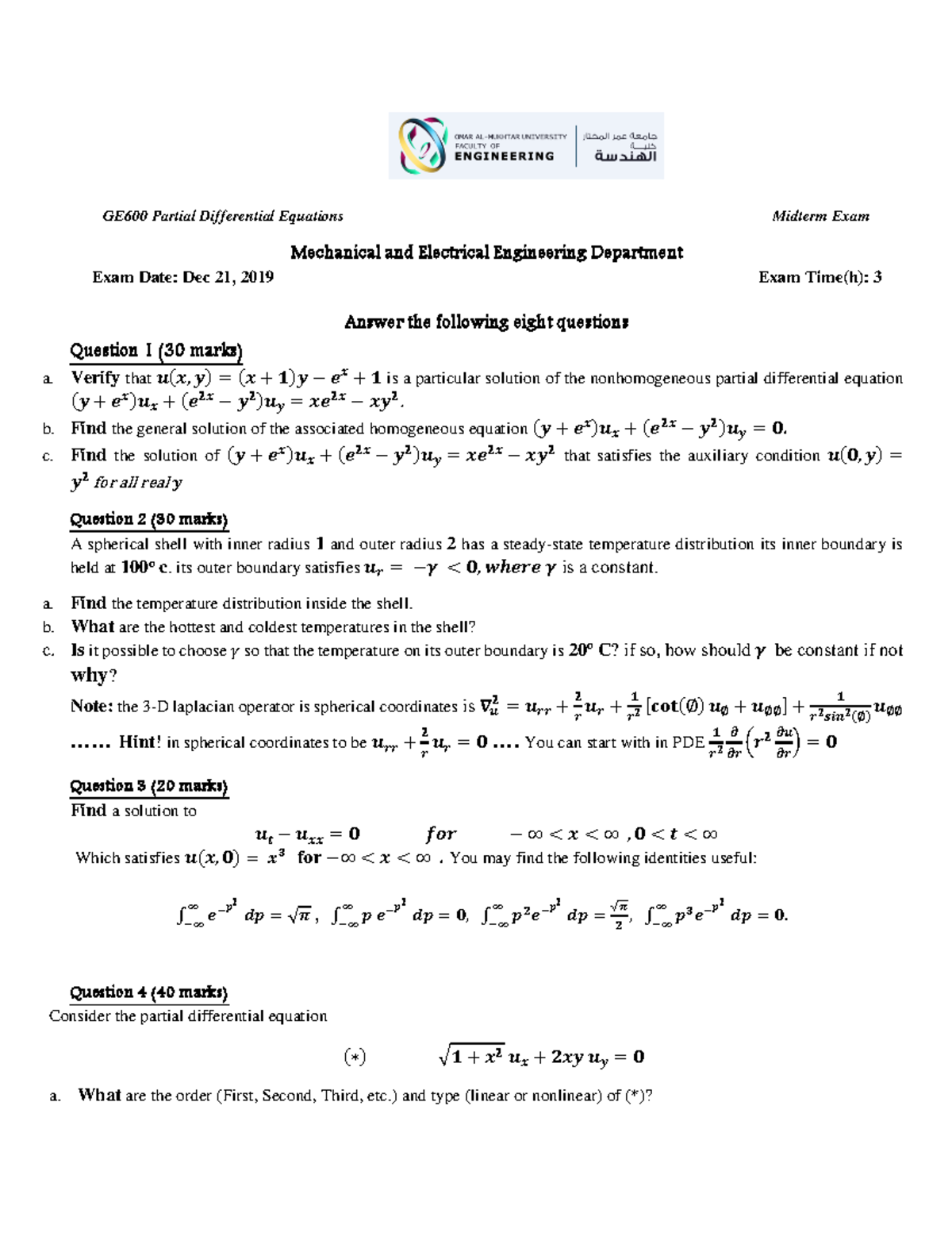 Midterm exam2 Fall 2019 - GE600 Partial Differential Equations Midterm ...