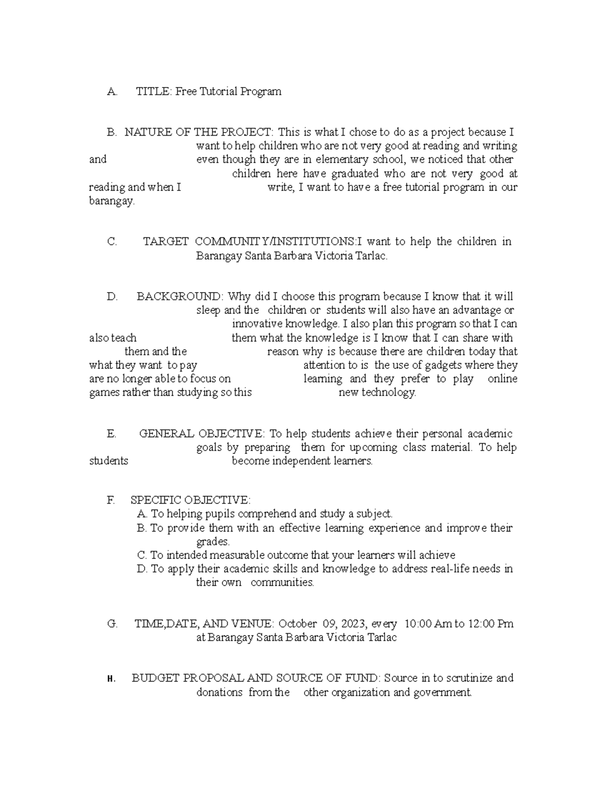 Proposal - A. TITLE: Free Tutorial Program B. NATURE OF THE PROJECT ...