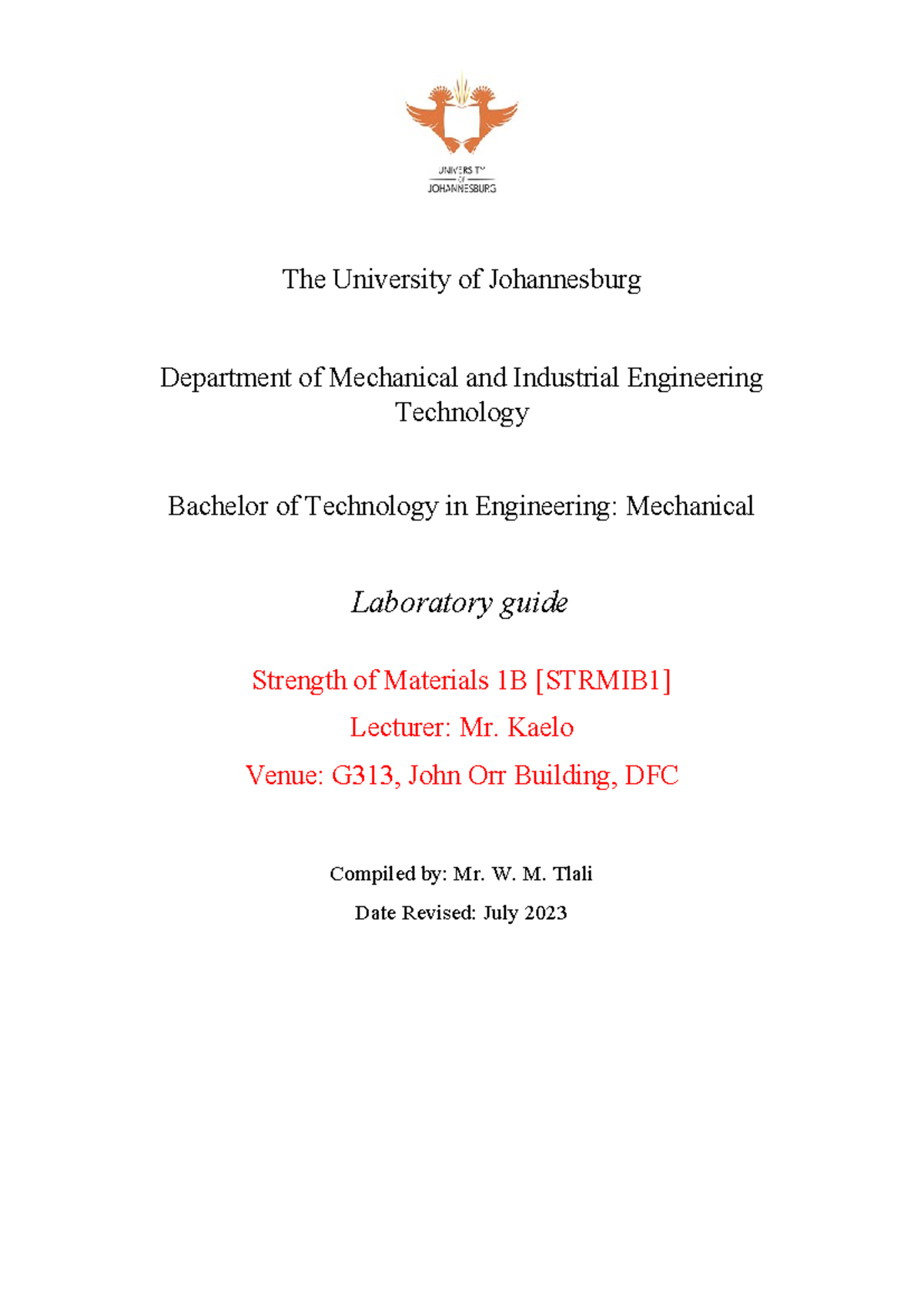 Strength 1B Bengtech - The University of Johannesburg Department of Mechanical and Industrial ...