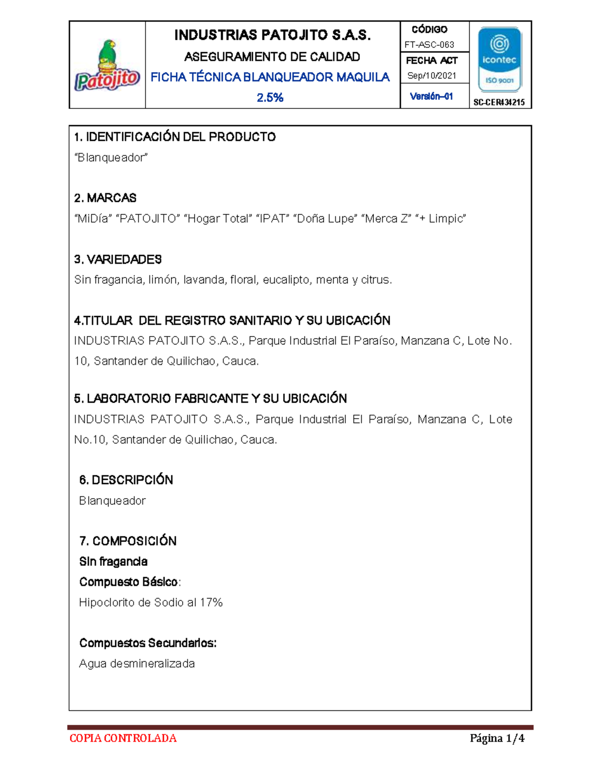 HOJA DE SEGURIDAD DEL BLANAUQWEADOR PATOJITO - HIPLOCLORITO DE SODIO ...