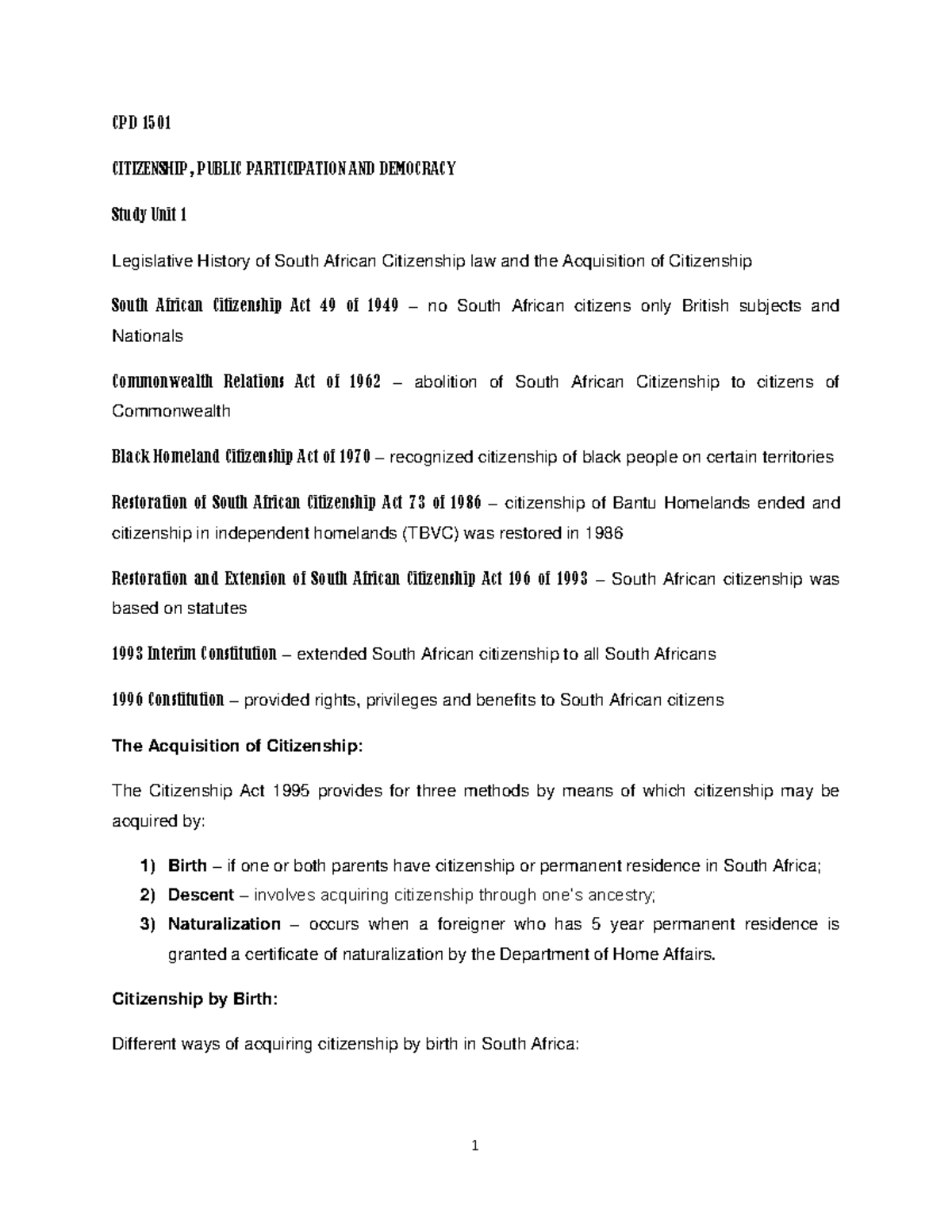 CPD Revision Notes 1 - CPD 1501 CITIZENSHIP, PUBLIC PARTICIPATION AND ...