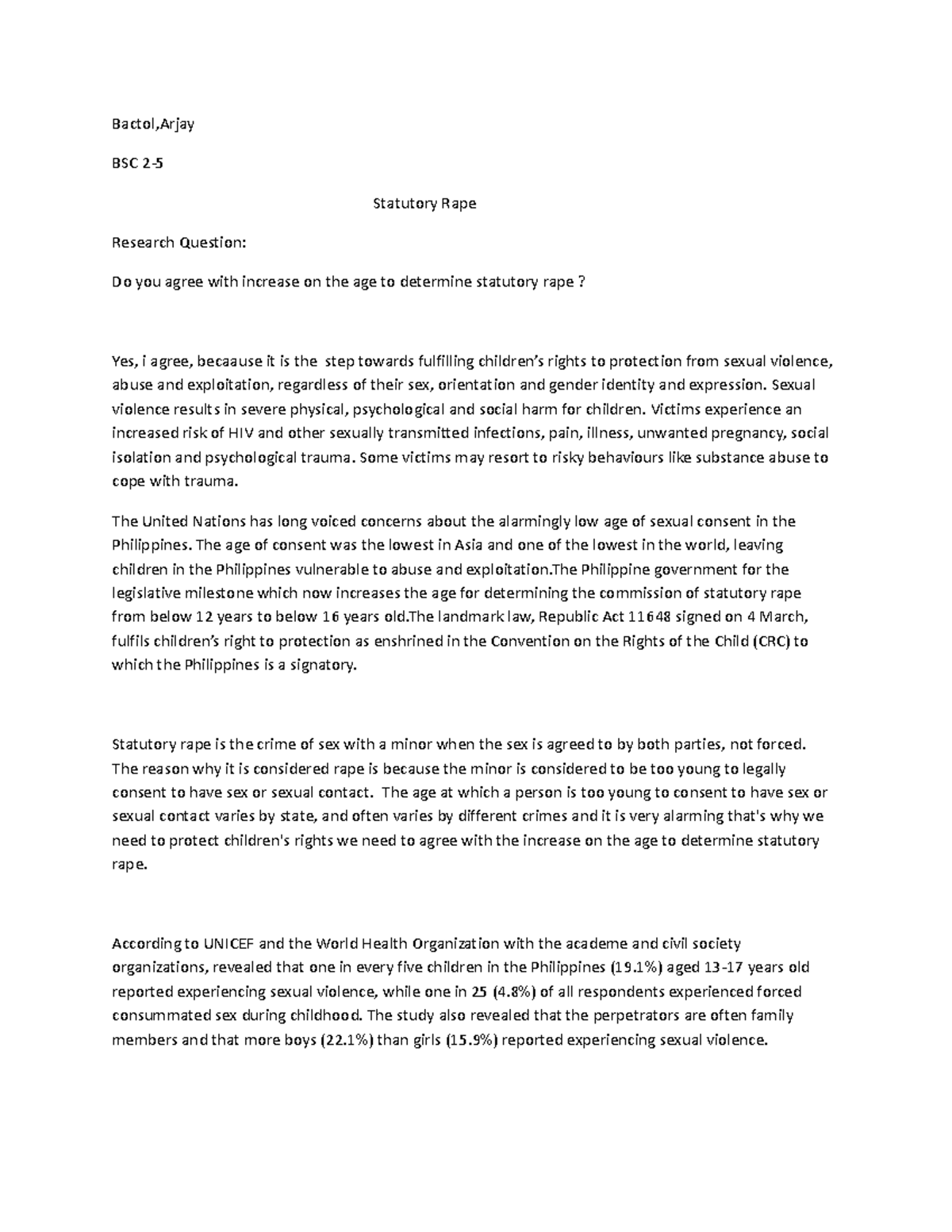 CLAW 3 - Not. - Bactol,Arjay BSC 2- Statutory Rape Research Question ...