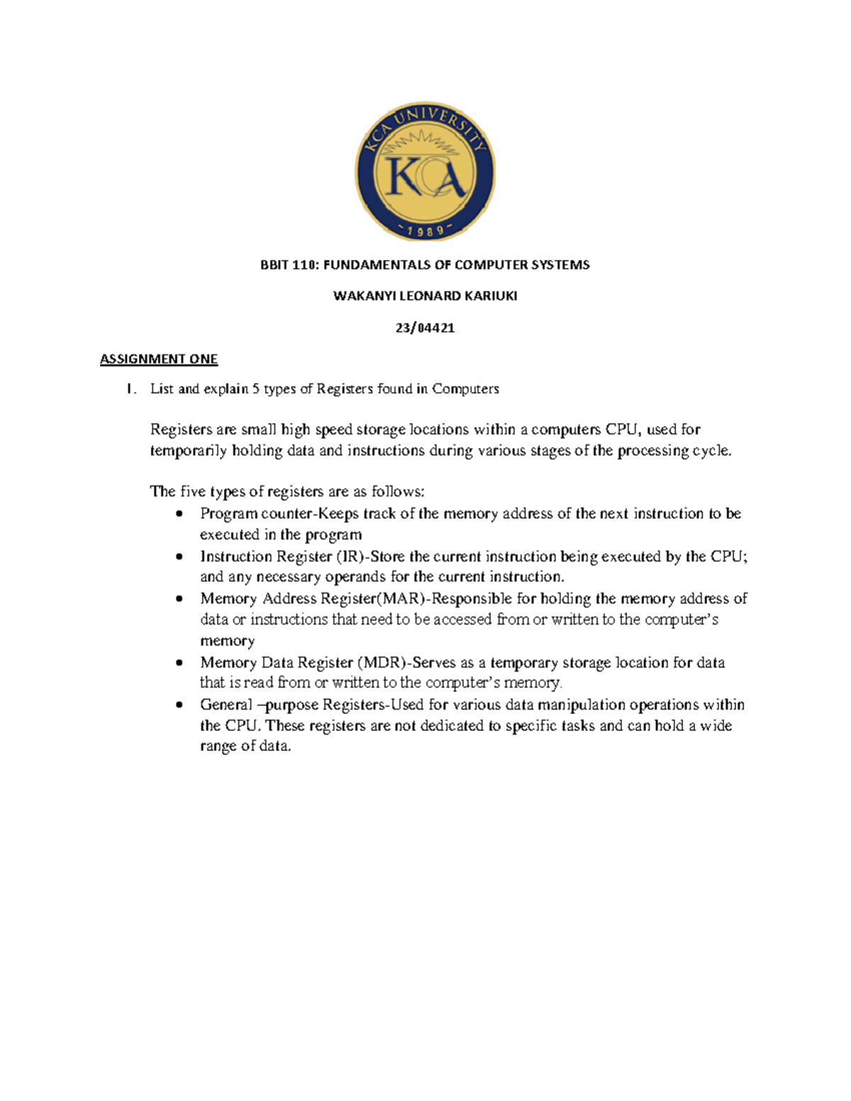 BBIT 110 - good - BBIT 110: FUNDAMENTALS OF COMPUTER SYSTEMS WAKANYI ...