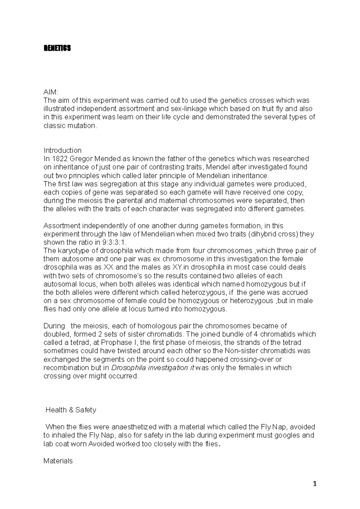 Genetics final lab report - GENETICS AIM: The aim of this experiment ...