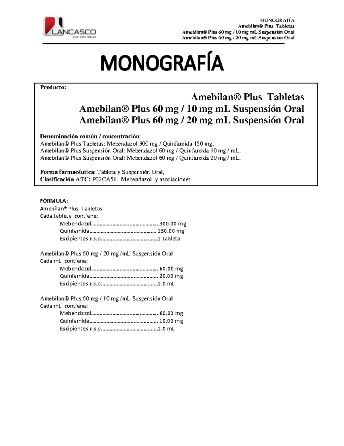 Monografia Amebilan PLUS (Mebendazol + Quinfamida) - Amebilan® Plus ...