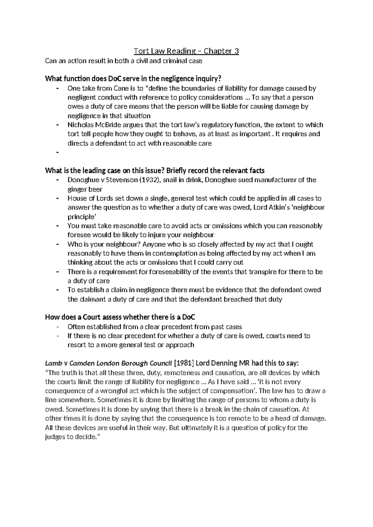Tort Law Reading - law of tort - Tort Law Reading – Chapter 3 Can an ...