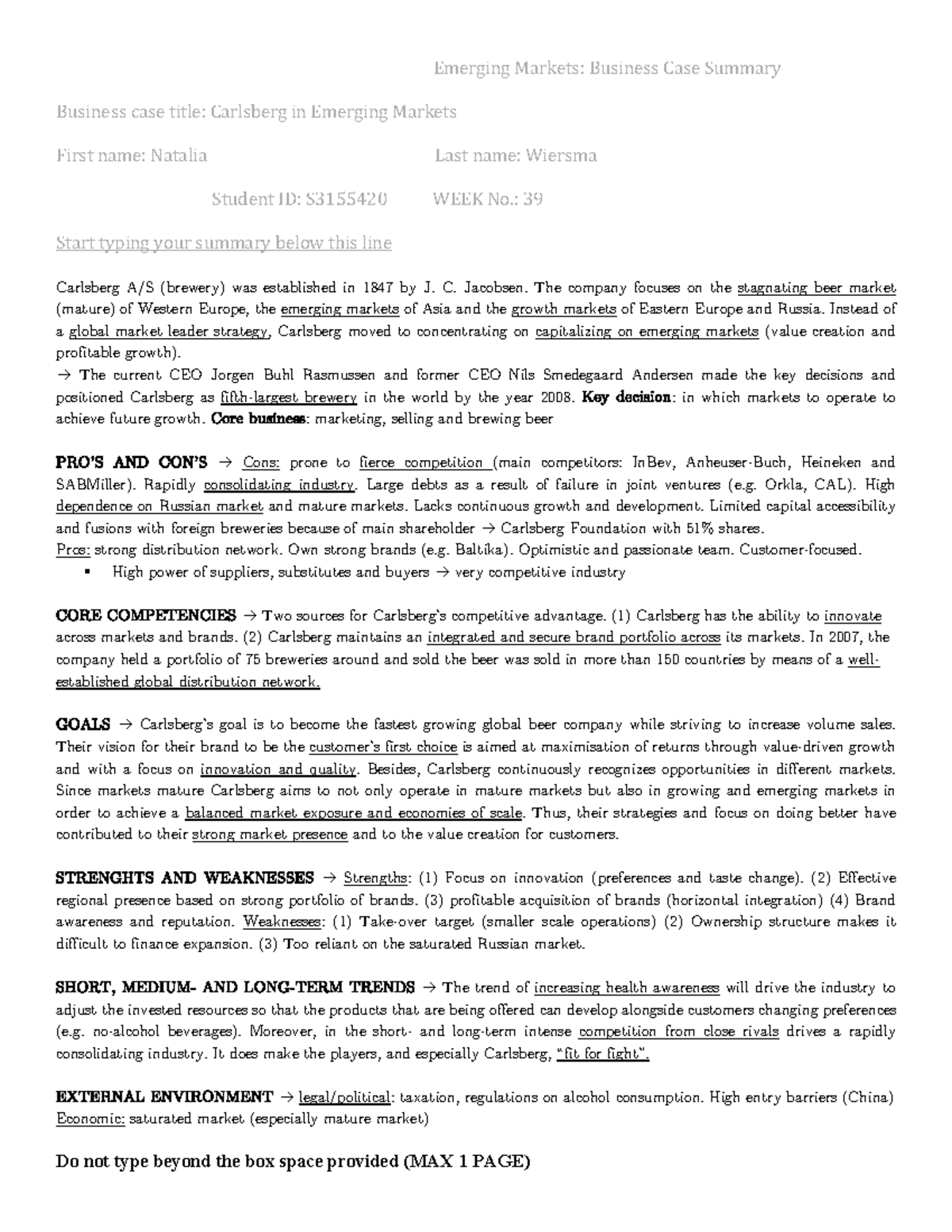 Business case summary template Carlsberg - Emerging Markets: Business ...