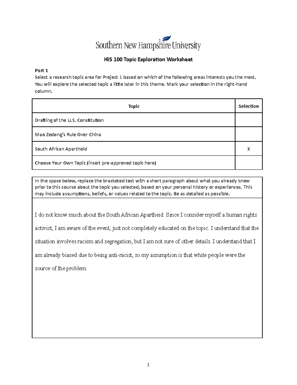 HIS-100 2-3 topic exploration - HIS 100 Topic Exploration Worksheet ...