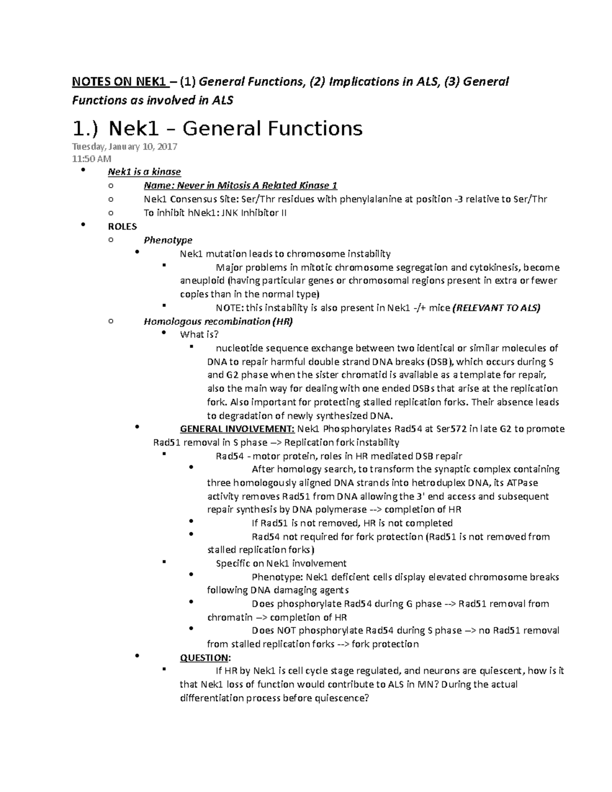 Notes on NEK1 - NOTES ON NEK1 – (1) General Functions, (2) Implications ...