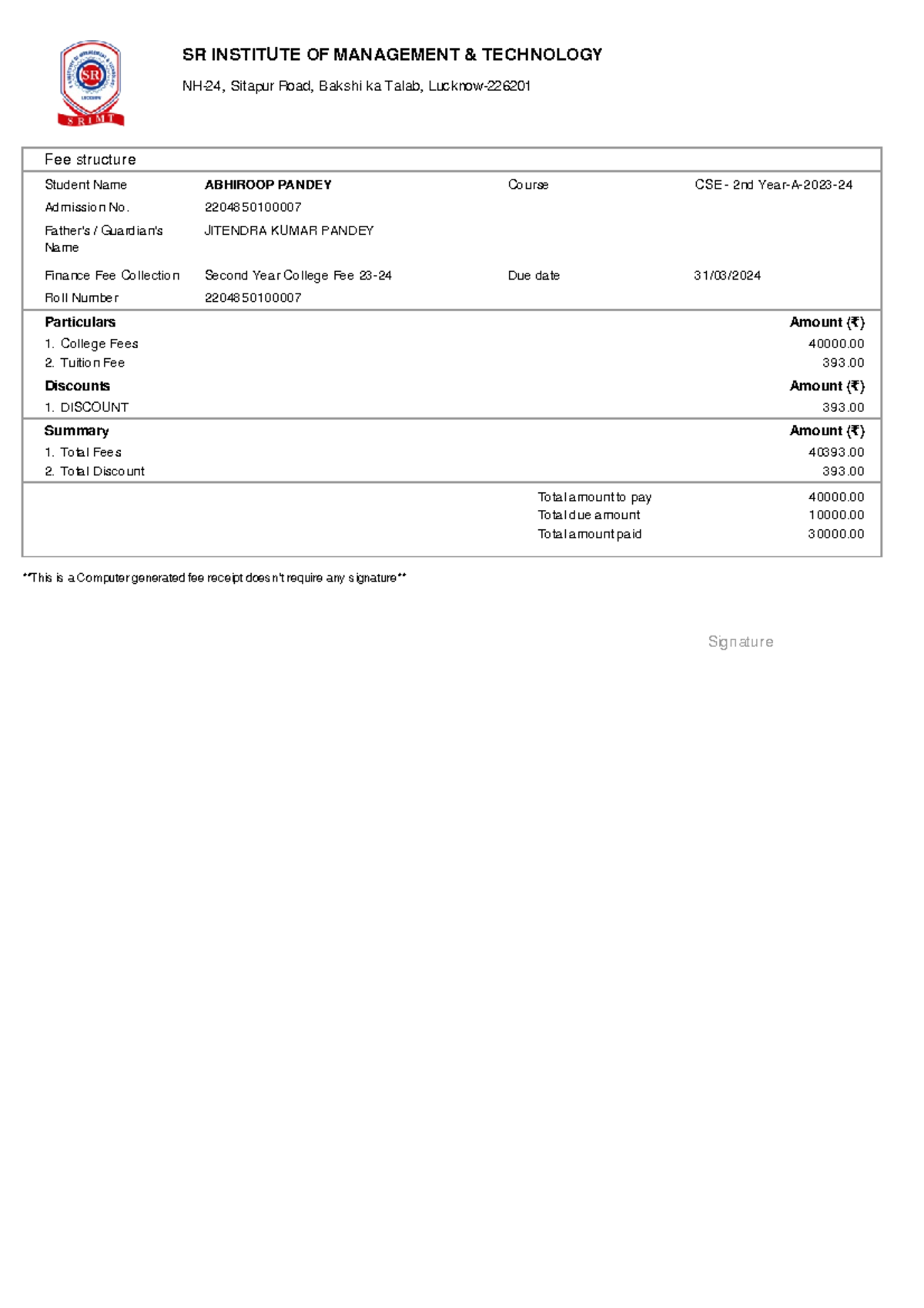 Second Year College Fee 23-24 - SR INSTITUTE OF MANAGEMENT & TECHNOLOGY ...