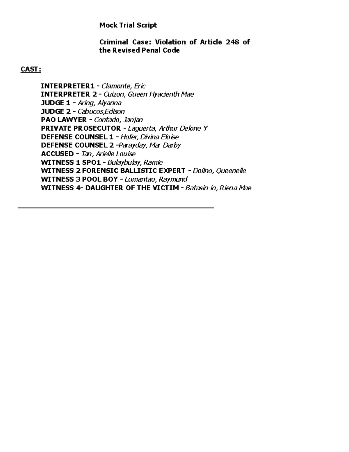 Group 1 Mock Trial Script - Mock Trial Script Criminal Case: Violation ...