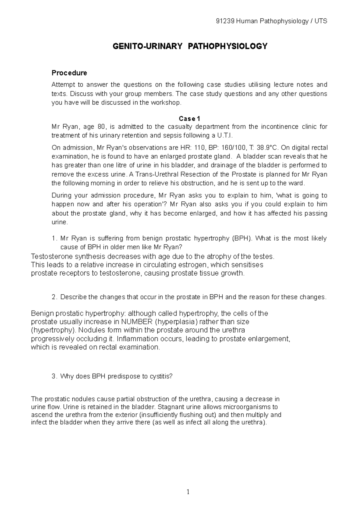 Week 10 worksheet - 91239 Human Pathophysiology / UTS 1 GENITO-URINARY ...