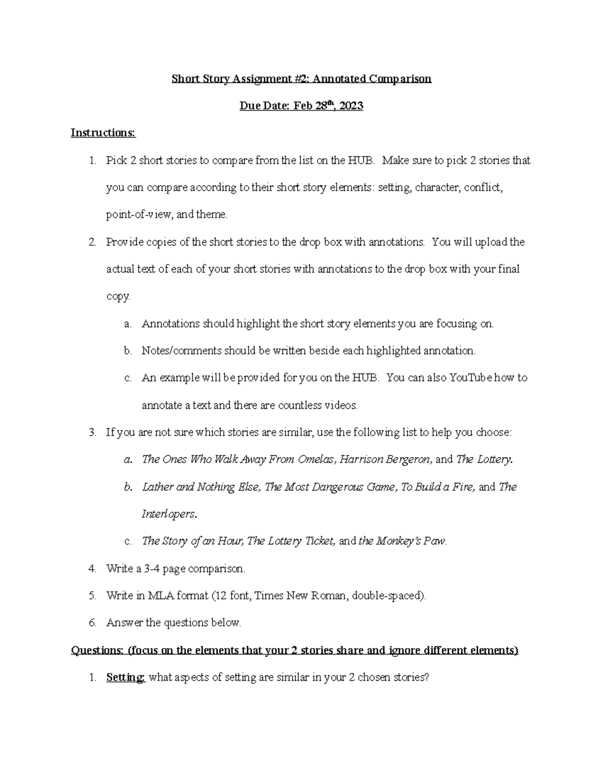 Short Story Assignment #2 - Annotated Comparison - Pick 2 short stories ...