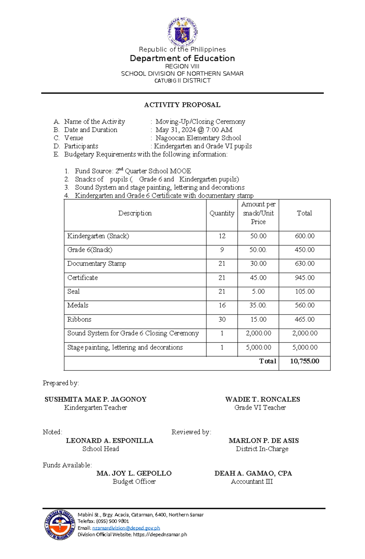 Activity-Proposal-graduation Nagoocan 2024 - Republic of the ...