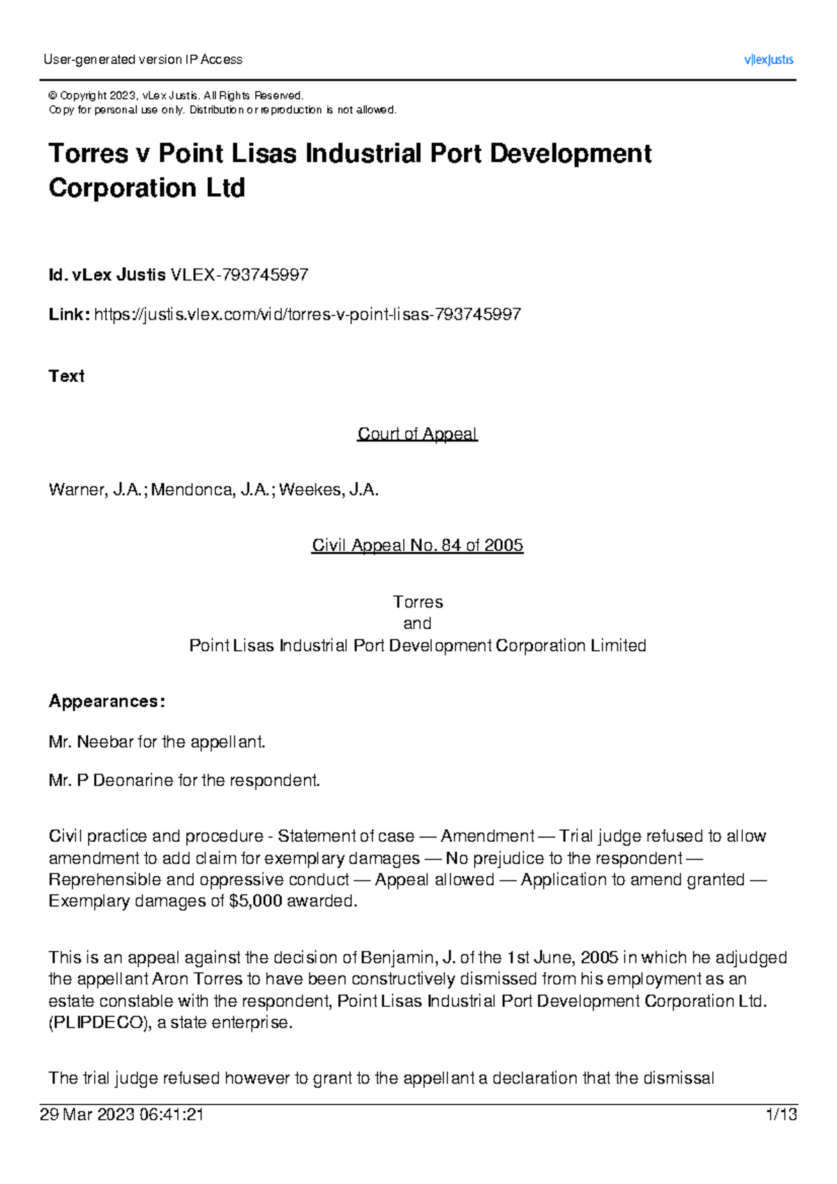 Torres v point lisas industrial port development corporation ...