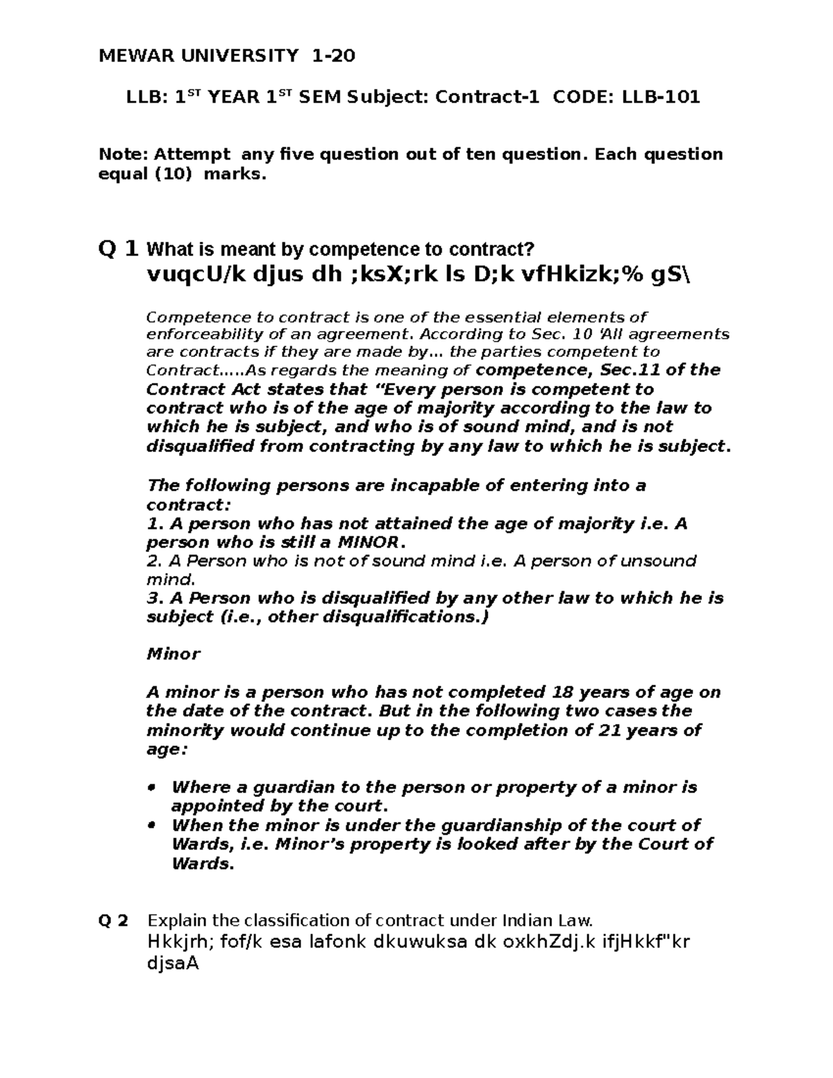 Llb-101 Contract-I - Assignments - MEWAR UNIVERSITY 1- LLB: 1ST YEAR ...