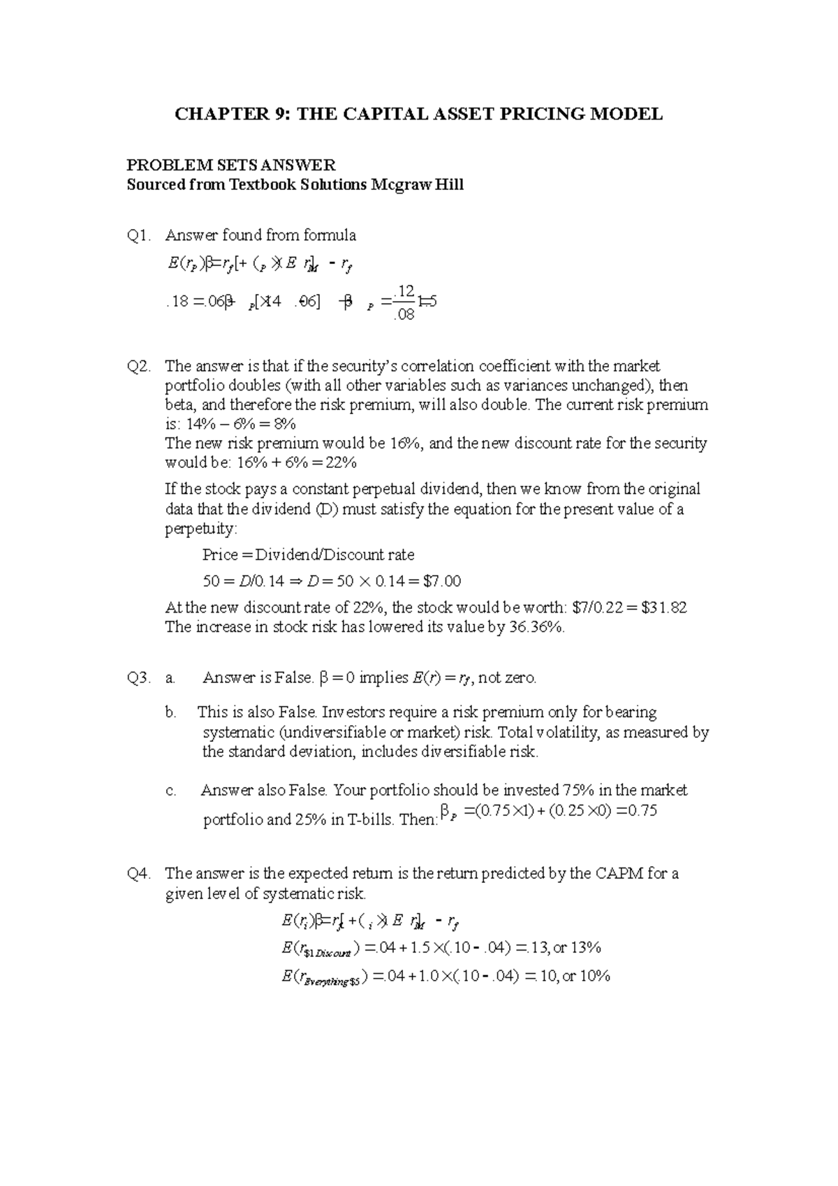 Chapter 9 Solutions - Investments - CHAPTER 9: THE CAPITAL ASSET ...