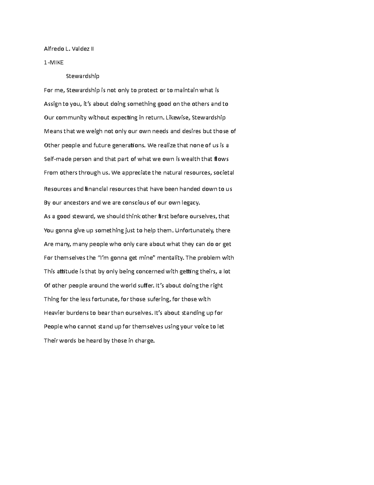 CL 1 - CL ESSAY stewardship - Alfredo L. Valdez II 1-MIKE Stewardship ...