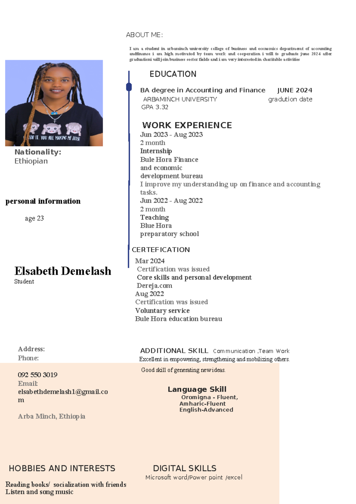 Aman Cv - research - Elsabeth Demelash Student Nationality: Ethiopian ...