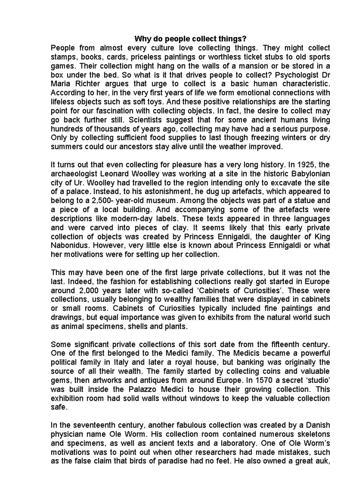 Reading - no info - Why do people collect things? People from almost every culture love ...