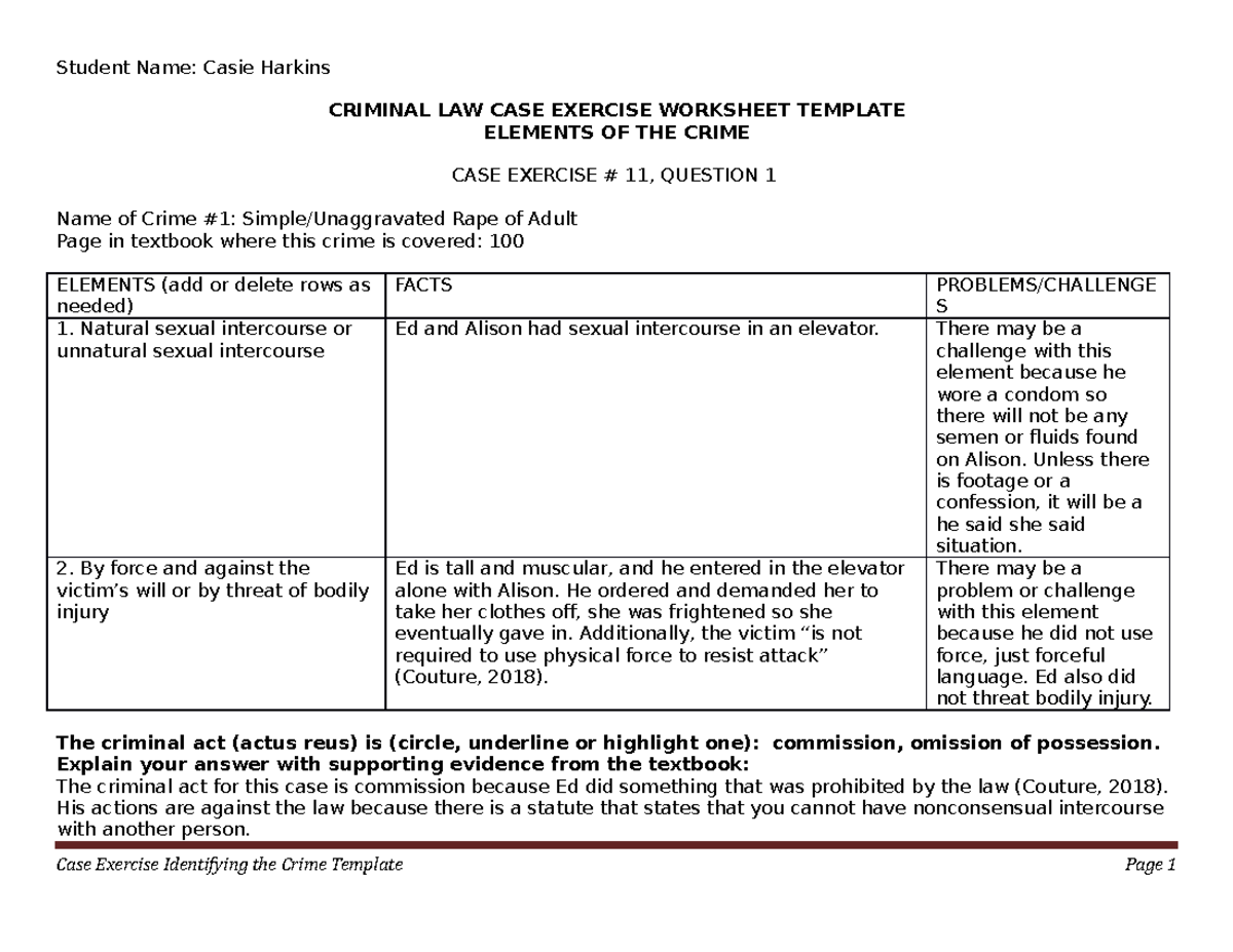 Criminal law case 11, problem 1 - Student Name: Casie Harkins CRIMINAL ...